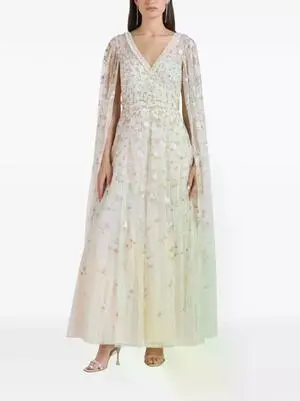 NEEDLE & THREAD Lea Ditsy Floral-embroidered Cape-sleeve Maxi Dress