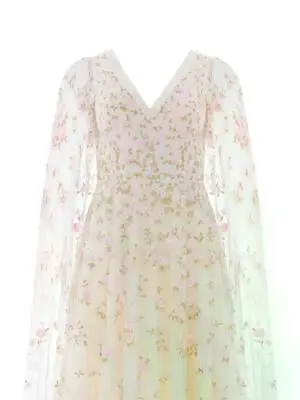NEEDLE & THREAD Lea Ditsy Floral-embroidered Cape-sleeve Maxi Dress