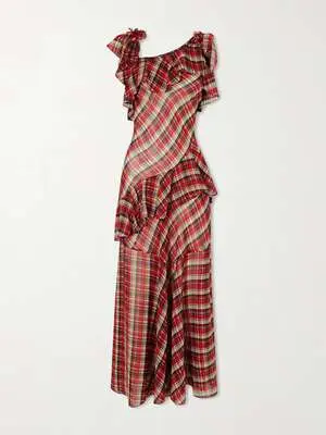 DÔEN Fernanda Ruffle Tiered Checked Silk-satin Maxi Dress
