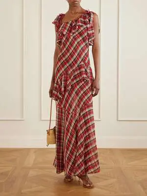 DÔEN Fernanda Ruffle Tiered Checked Silk-satin Maxi Dress
