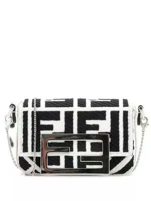 Fendi Chain Baguette Charm Bag Zucca Embroidered Canvas Nano Crossbody Bag - Black