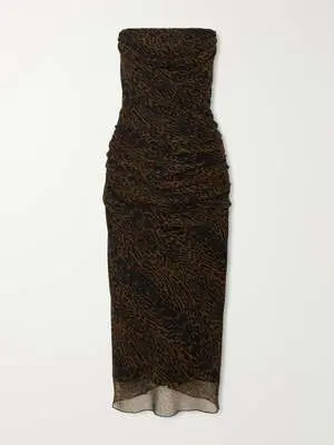 Carolina Herrera Strapless Draped Leopard-print Silk-chiffon Midi Dress