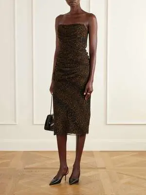 Carolina Herrera Strapless Draped Leopard-print Silk-chiffon Midi Dress