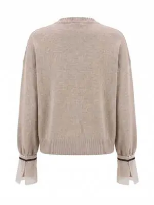Brunello Cucinelli Cashmere Crewneck With Chiffon Cuff And Monili - Multicolor