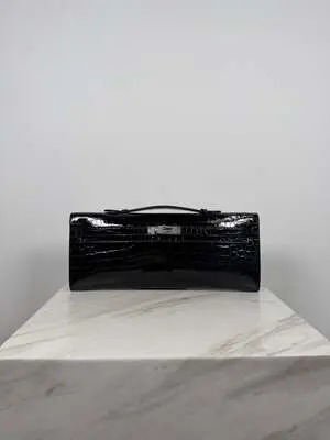 Hermès Kelly Cut Shiny Porosus Palladium Hardware - Black