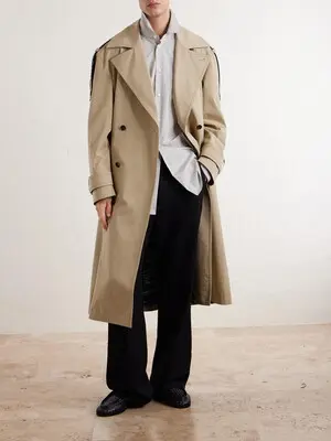 Bottega Veneta Intrecciato Leather-trimmed Cotton-gabardine Trench Coat - Neutrals