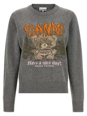 GANNI Sweater With Front Intarsia - Gray