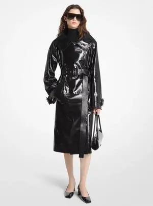 Michael Kors Crackled Leather Portrait Collar Trench Coat In Size By - Black