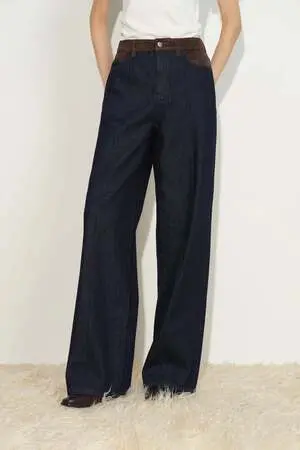 Fabrique Bella Suede Panel Wide Leg Jeans In Cotton Denim
