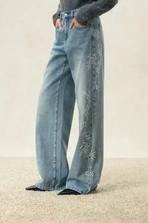 Fabrique Maris Vintage Metal Beaded Wide Leg Jeans In 100% Cotton Denim - Blue