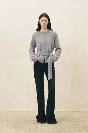 FABRIQUE Megan Crystal Embellished Belted Cardigan In Wool Blend