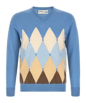 BALLANTYNE Diamond Intarsia V-neck Sweater - Blue