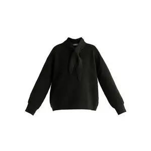 PAISIE Ribbed Jumper With Attached Scarf Tie - Black