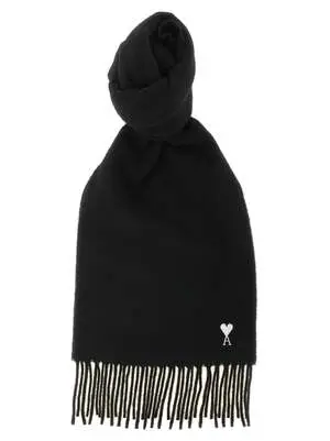 AMI Paris Quota' Scarf With Adc Embroidery And Fringes - Black