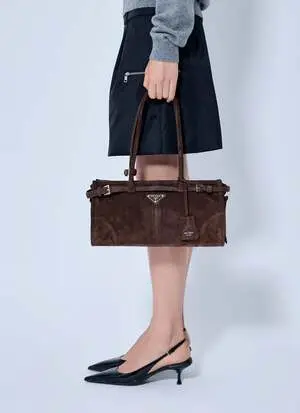 Prada Medium Bonnie Suede Leather Handbag - Brown