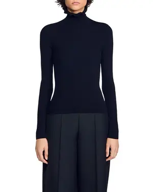 Sandro Lana Wool Blend Ruffled Turtleneck Sweater - Black