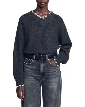 Sandro Augusta Wool Blend Whipstitch V Neck Sweater