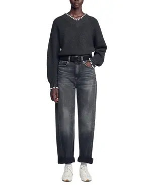 Sandro Augusta Wool Blend Whipstitch V Neck Sweater