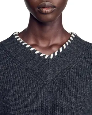 Sandro Augusta Wool Blend Whipstitch V Neck Sweater