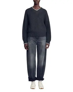 Sandro Augusta Wool Blend Whipstitch V Neck Sweater