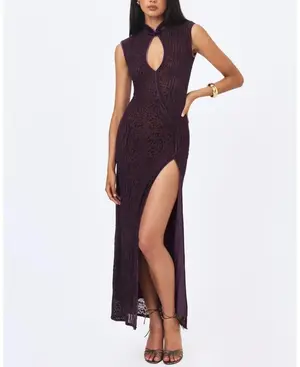 MISS CIRCLE NEW YORK Riona Burnout Velvet Mesh Keyhole Maxi Dress