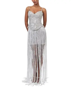 MISS CIRCLE NEW YORK Olisa Beaded Peplum Tassel Maxi Dress
