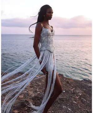 MISS CIRCLE NEW YORK Olisa Beaded Peplum Tassel Maxi Dress