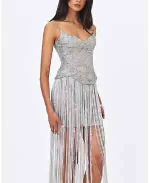 MISS CIRCLE NEW YORK Olisa Beaded Peplum Tassel Maxi Dress
