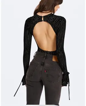 MISS CIRCLE NEW YORK Ibera Print Burnout Velvet Long Sleeve Bodysuit