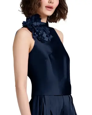 EMILY SHALANT 3d Flower Taffeta Top - Navy