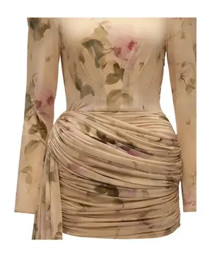 Magda Butrym Floral Printed Longsleeve Sash Mini Dress - Beige