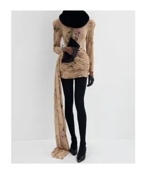 Magda Butrym Floral Printed Longsleeve Sash Mini Dress - Beige