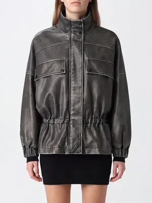Pinko Cropped Faux Leather Bomber Jacket With Funnel Neck And Elasticated Waist - Grey