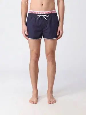 Versace Boxer Swim Shorts With Elasticated Logo Waistband And Drawstring - Blue