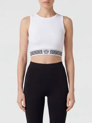 Versace Cropped Slim Fit Cotton-blend Top With Greca And Medusa Logo