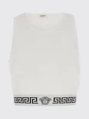 Versace Cropped Slim Fit Cotton-blend Top With Greca And Medusa Logo