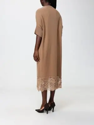 Fabiana Filippi A-line Midi Dress In Cashmere And Silk With Lace Inserts - Camel