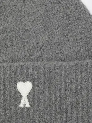 AMI Paris Wool And Alpaca Blend Beanie Hat With Embroidered Logo - Grey