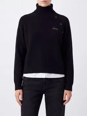 Liu Jo Wool And Cotton Turtleneck With Shoulder Buttons And Contrast Logo - Black