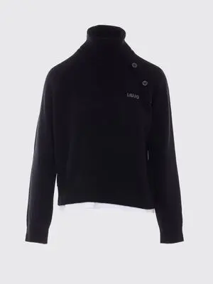 Liu Jo Wool And Cotton Turtleneck With Shoulder Buttons And Contrast Logo - Black