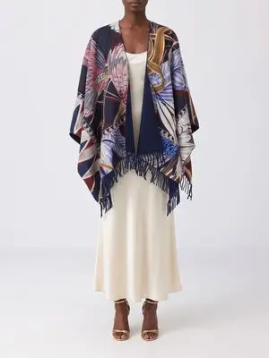 FERRAGAMO Cashmere And Wool Cape With Floral Print And Asymmetrical Hem