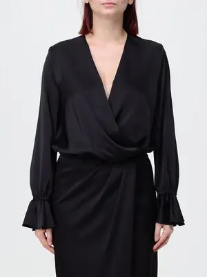 HANITA Cropped Satin V-neck Blouse With Flared Long Sleeves - Black