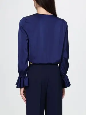 HANITA Cropped Satin V-neck Blouse With Flared Long Sleeves - Blue