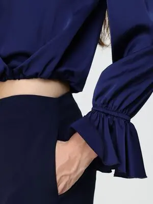 HANITA Cropped Satin V-neck Blouse With Flared Long Sleeves - Blue