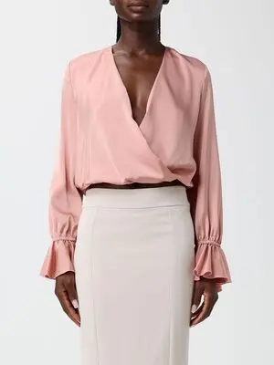 HANITA Cropped Satin V-neck Blouse With Flared Long Sleeves - Pink
