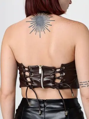 HANITA Cropped Faux Leather Bandeau Top With Woven Straps - Brown