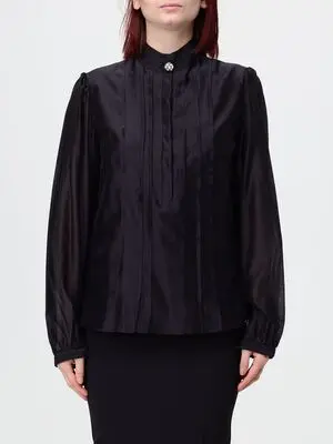 HANITA Satin Shirt With Mandarin Collar And Embroidered Plastron - Black