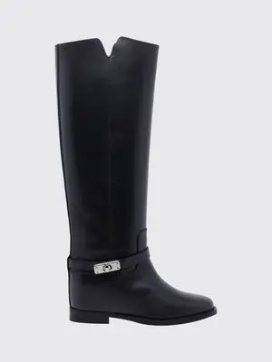 VIA ROMA 15 Knee-high Wedge Boots In Calfskin Leather With Straps - Black