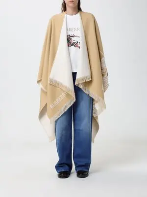 Burberry Asymmetric Wool And Silk Cape With Ekd Logo And Fringed Hem - Sand