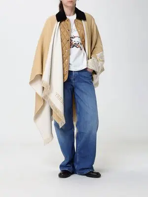 Burberry Asymmetric Wool And Silk Cape With Ekd Logo And Fringed Hem - Sand